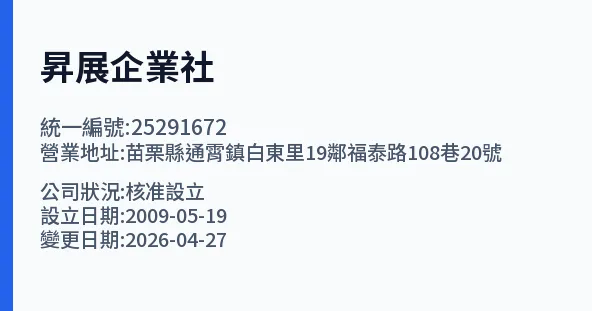 昇展企業社的照片-統編 25291672(苗栗縣) 公司登記資料與營業項目詳細圖表