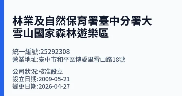 林業及自然保育署臺中分署大雪山國家森林遊樂區的照片-統編 25292308(臺中市) 公司登記資料與營業項目詳細圖表