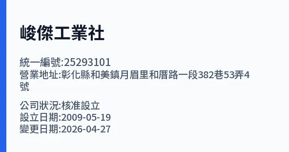 峻傑工業社的照片-統編 25293101(彰化縣) 公司登記資料與營業項目詳細圖表
