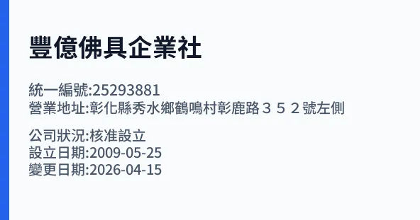 豐億佛具企業社的照片-統編 25293881(彰化縣) 公司登記資料與營業項目詳細圖表