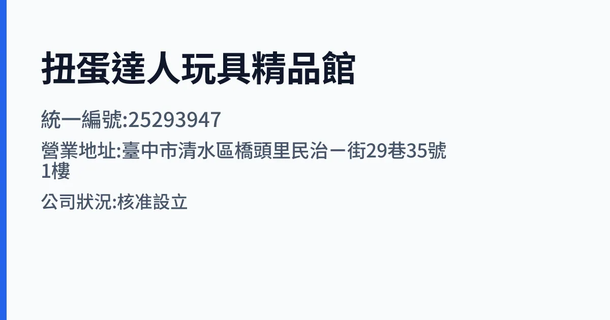 扭蛋達人玩具精品館 - 統編 25293947(臺中市) 公司登記資料與營業項目詳細圖表