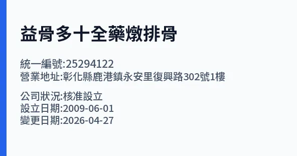 益骨多十全藥燉排骨的照片-統編 25294122(彰化縣) 公司登記資料與營業項目詳細圖表