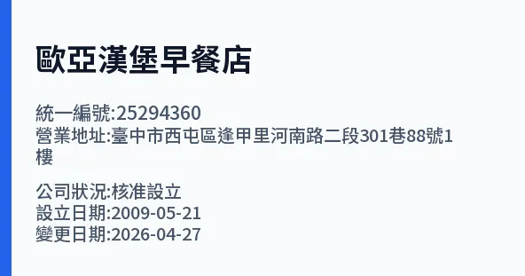 歐亞漢堡早餐店的照片-統編 25294360(臺中市) 公司登記資料與營業項目詳細圖表