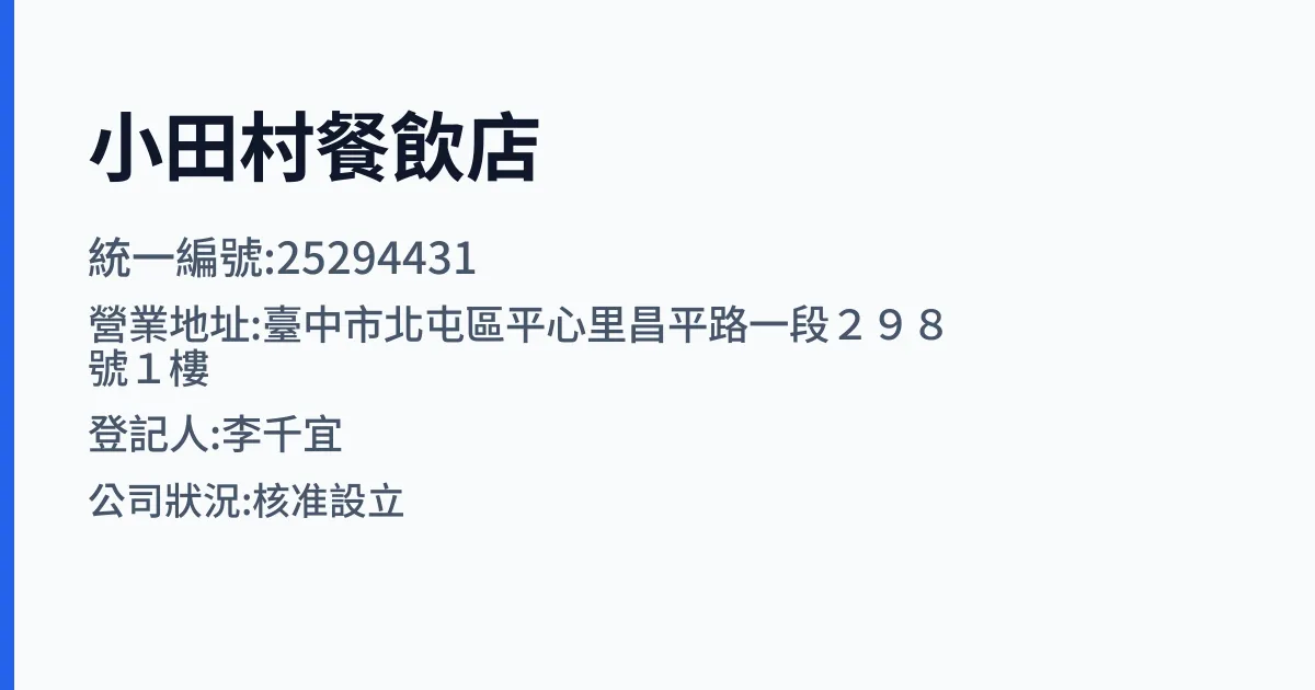 小田村餐飲店 - 統編 25294431(臺中市) 公司登記資料與營業項目詳細圖表