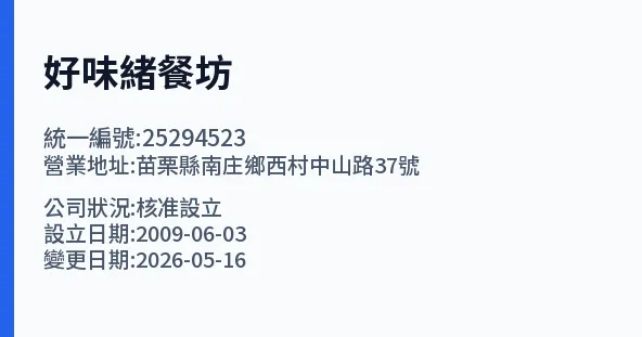 好味緒餐坊的照片-統編 25294523(苗栗縣) 公司登記資料與營業項目詳細圖表