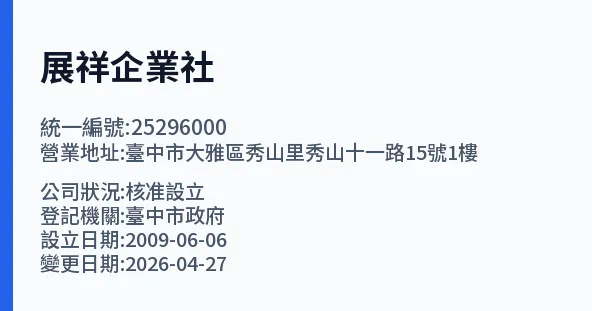展祥企業社的照片-統編 25296000(臺中市) 公司登記資料與營業項目詳細圖表