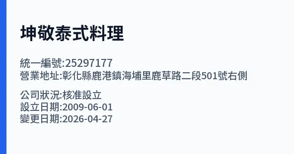 坤敬泰式料理的照片-統編 25297177(彰化縣) 公司登記資料與營業項目詳細圖表