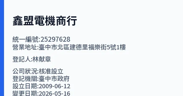 鑫盟電機商行的照片-統編 25297628(臺中市) 公司登記資料與營業項目詳細圖表