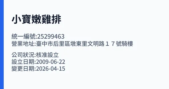 小寶嫩雞排的照片-統編 25299463(臺中市) 公司登記資料與營業項目詳細圖表