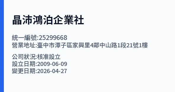 晶沛鴻泊企業社的照片-統編 25299668(臺中市) 公司登記資料與營業項目詳細圖表