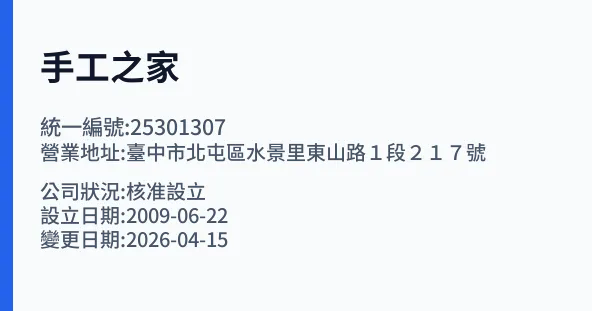 手工之家的照片-統編 25301307(臺中市) 公司登記資料與營業項目詳細圖表