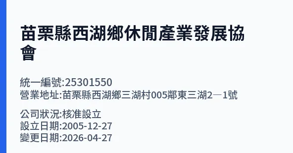 苗栗縣西湖鄉休閒產業發展協會的照片-統編 25301550(苗栗縣) 公司登記資料與營業項目詳細圖表