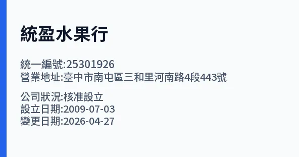 統盈水果行的照片-統編 25301926(臺中市) 公司登記資料與營業項目詳細圖表