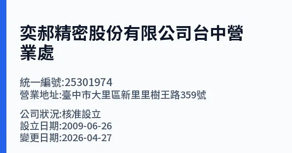 奕郝精密股份有限公司台中營業處的照片-統編 25301974(臺中市) 公司登記資料與營業項目詳細圖表