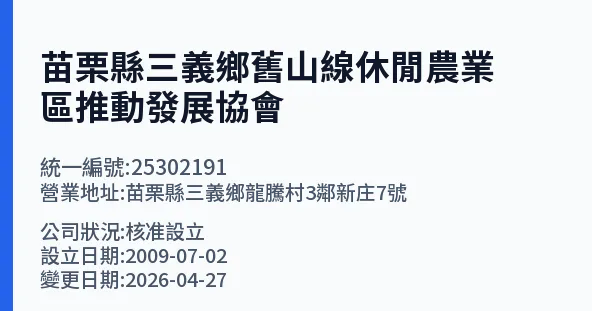 苗栗縣三義鄉舊山線休閒農業區推動發展協會的照片-統編 25302191(苗栗縣) 公司登記資料與營業項目詳細圖表