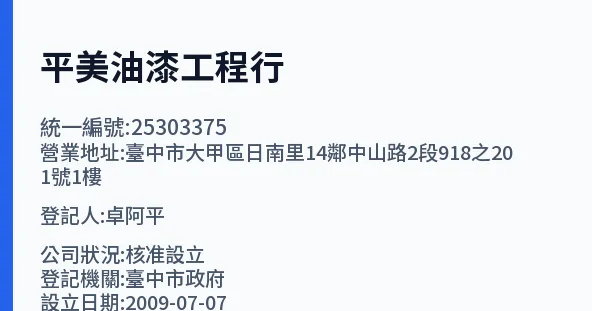 平美油漆工程行的照片-統編 25303375(臺中市) 公司登記資料與營業項目詳細圖表