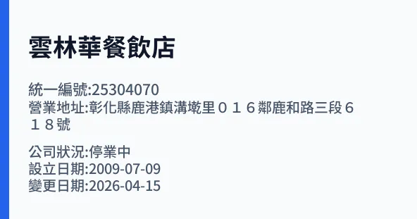 雲林華餐飲店的照片-統編 25304070(彰化縣) 公司登記資料與營業項目詳細圖表