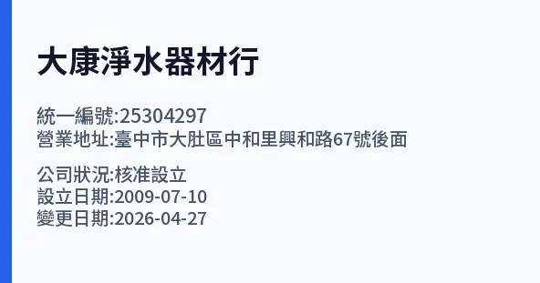 大康淨水器材行的照片-統編 25304297(臺中市) 公司登記資料與營業項目詳細圖表