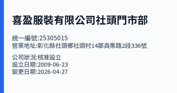 喜盈服裝有限公司社頭門市部的照片-統編 25305015(彰化縣) 公司登記資料與營業項目詳細圖表