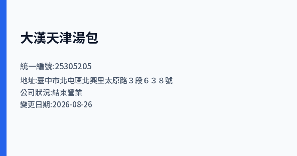 大漢天津湯包的照片-統編 25305205(臺中市) 公司登記資料與營業項目詳細圖表
