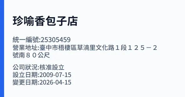 珍喻香包子店的照片-統編 25305459(臺中市) 公司登記資料與營業項目詳細圖表