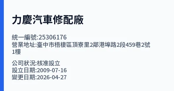力慶汽車修配廠的照片-統編 25306176(臺中市) 公司登記資料與營業項目詳細圖表