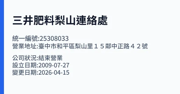 三井肥料梨山連絡處的照片-統編 25308033(臺中市) 公司登記資料與營業項目詳細圖表