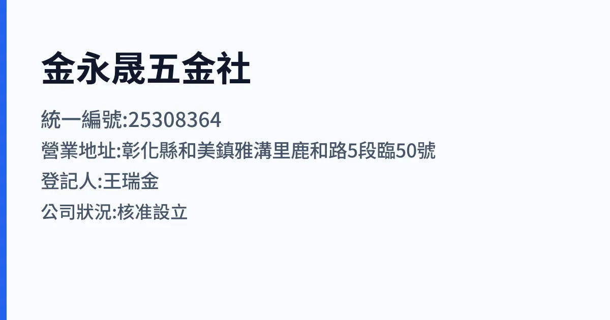 金永晟五金社 - 統編 25308364(彰化縣) 公司登記資料與營業項目詳細圖表