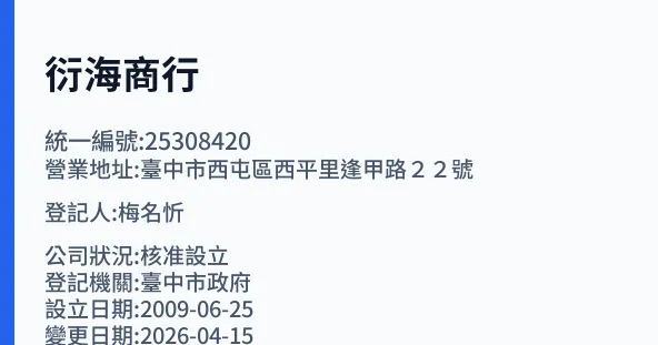 衍海商行的照片-統編 25308420(臺中市) 公司登記資料與營業項目詳細圖表