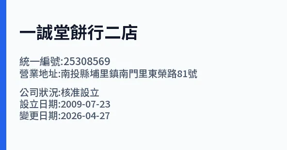 一誠堂餅行二店的照片-統編 25308569(南投縣) 公司登記資料與營業項目詳細圖表