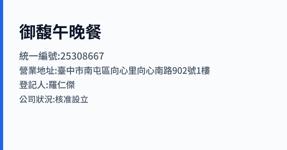御馥午晚餐 - 統編 25308667(臺中市) 公司登記資料與營業項目詳細圖表