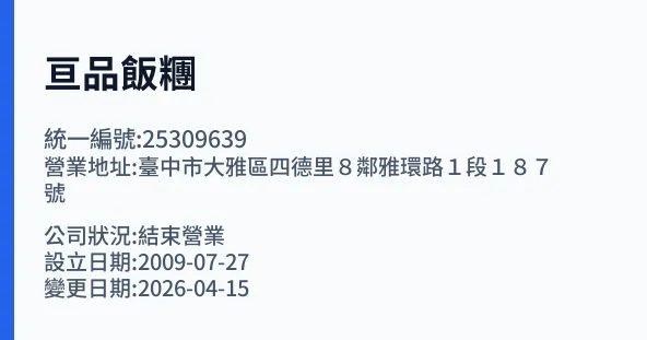 亘品飯糰的照片-統編 25309639(臺中市) 公司登記資料與營業項目詳細圖表