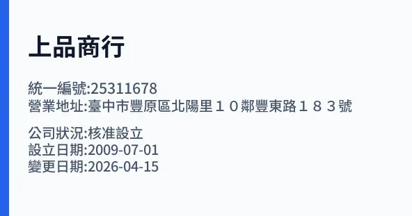 上品商行的照片-統編 25311678(臺中市) 公司登記資料與營業項目詳細圖表
