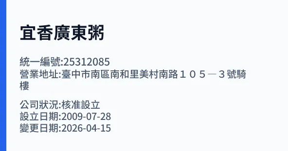 宜香廣東粥的照片-統編 25312085(臺中市) 公司登記資料與營業項目詳細圖表