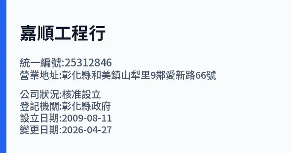 嘉順工程行的照片-統編 25312846(彰化縣) 公司登記資料與營業項目詳細圖表