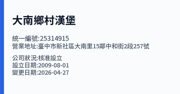 大南鄉村漢堡的照片-統編 25314915(臺中市) 公司登記資料與營業項目詳細圖表