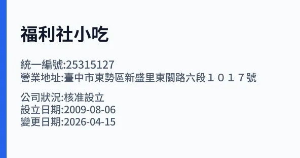 福利社小吃的照片-統編 25315127(臺中市) 公司登記資料與營業項目詳細圖表