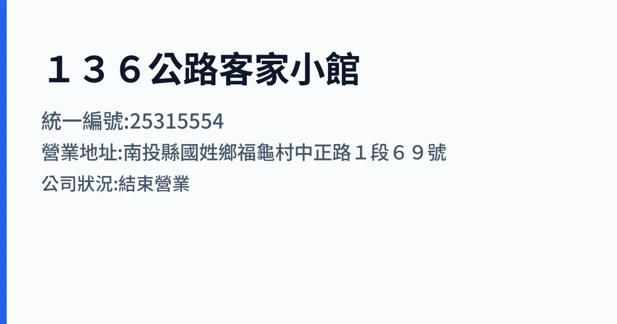136公路客家小館 - 統編 25315554(南投縣) 公司登記資料與營業項目詳細圖表