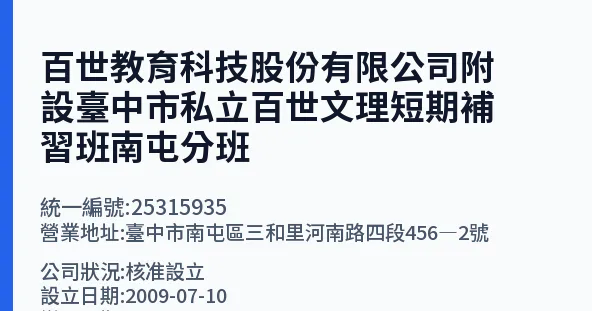 百世教育科技股份有限公司附設臺中市私立百世文理短期補習班南屯分班的照片-統編 25315935(臺中市) 公司登記資料與營業項目詳細圖表