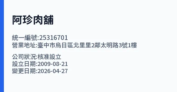 阿珍肉舖的照片-統編 25316701(臺中市) 公司登記資料與營業項目詳細圖表