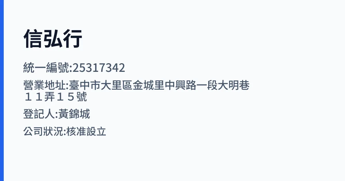 信弘行 - 統編 25317342(臺中市) 公司登記資料與營業項目詳細圖表