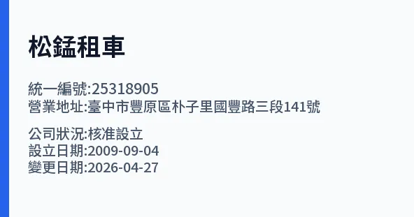 松錳租車的照片-統編 25318905(臺中市) 公司登記資料與營業項目詳細圖表