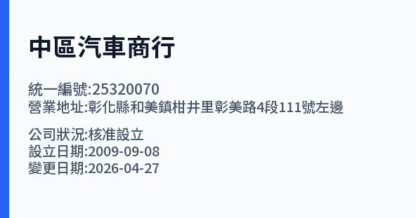 中區汽車商行的照片-統編 25320070(彰化縣) 公司登記資料與營業項目詳細圖表