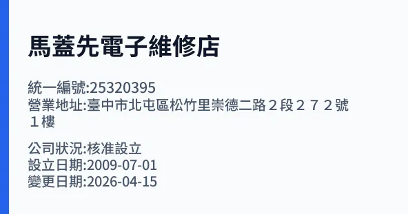 馬蓋先電子維修店的照片-統編 25320395(臺中市) 公司登記資料與營業項目詳細圖表