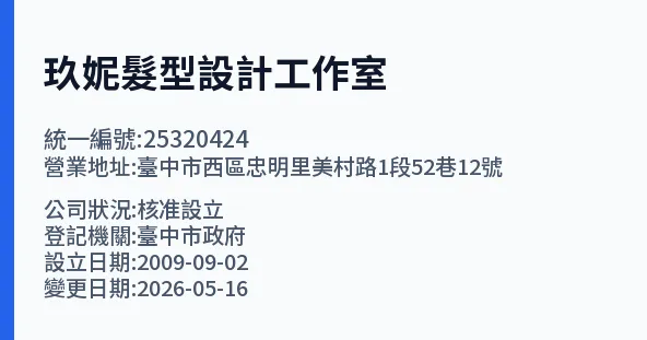 玖妮髮型設計工作室的照片-統編 25320424(臺中市) 公司登記資料與營業項目詳細圖表