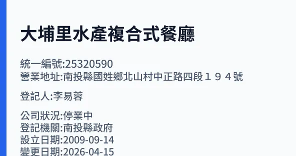 大埔里水產複合式餐廳的照片-統編 25320590(南投縣) 公司登記資料與營業項目詳細圖表