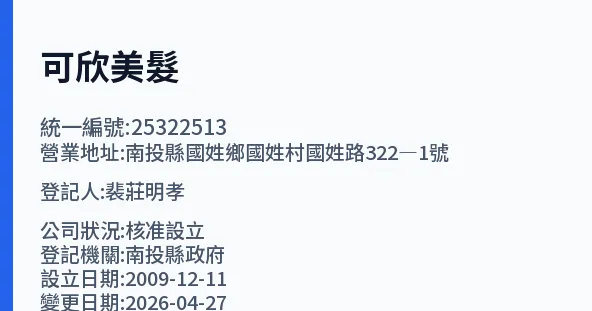 可欣美髮的照片-統編 25322513(南投縣) 公司登記資料與營業項目詳細圖表