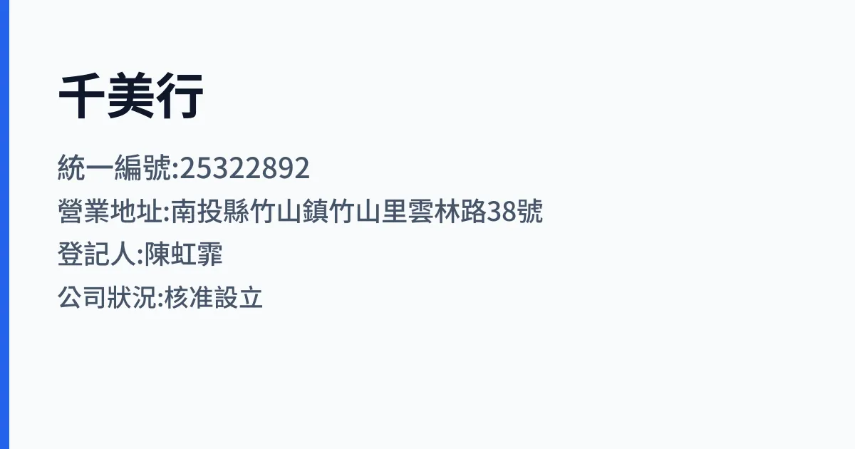 千美行 - 統編 25322892（南投縣） 公司登記資料與營業項目詳細圖表