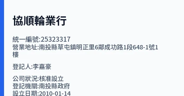 協順輪業行的照片-統編 25323317(南投縣) 公司登記資料與營業項目詳細圖表