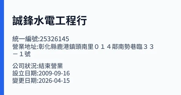 誠鋒水電工程行的照片-統編 25326145(彰化縣) 公司登記資料與營業項目詳細圖表
